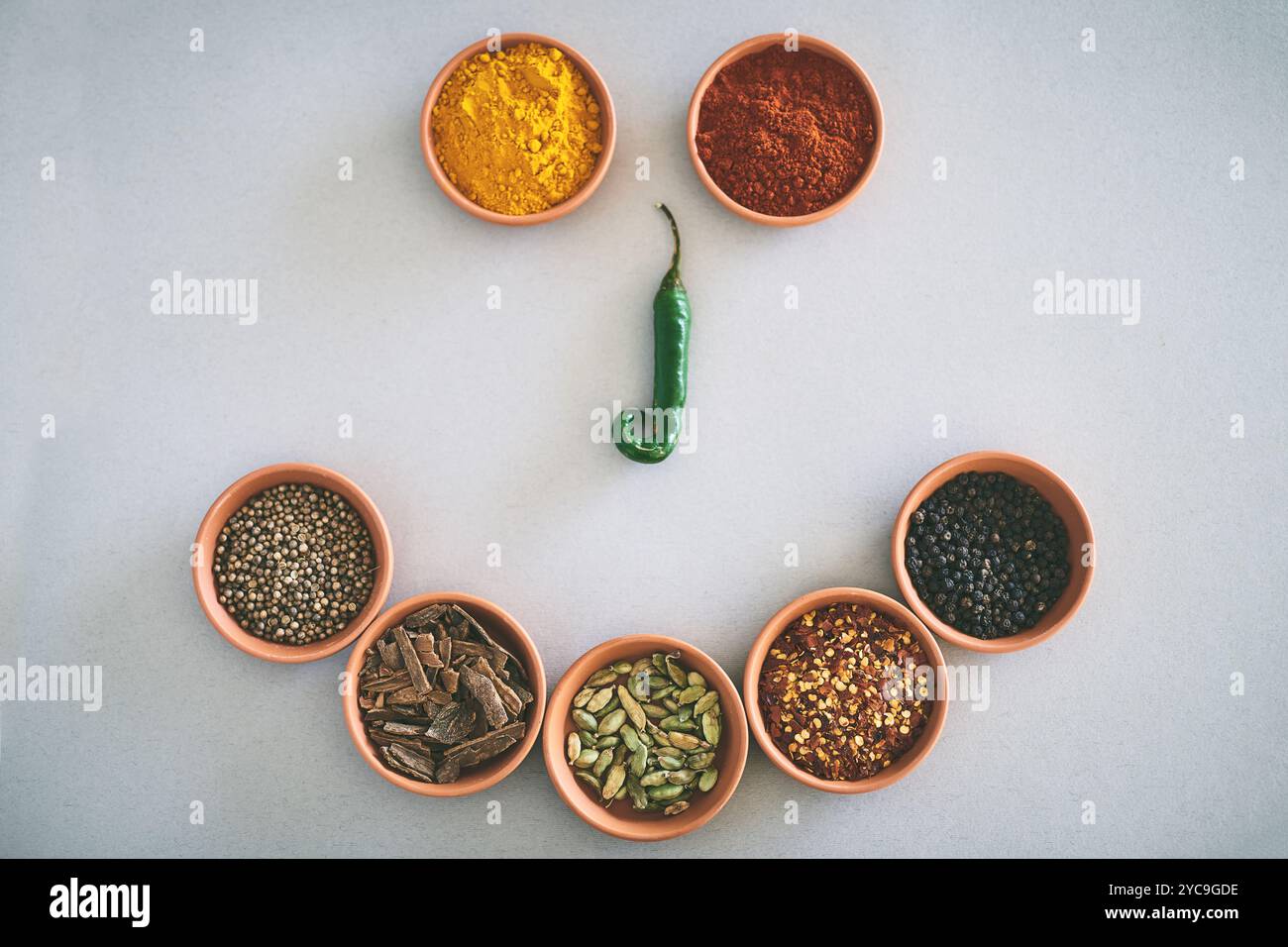 Food, spices and herbs with shape on a white background as ingredients ...
