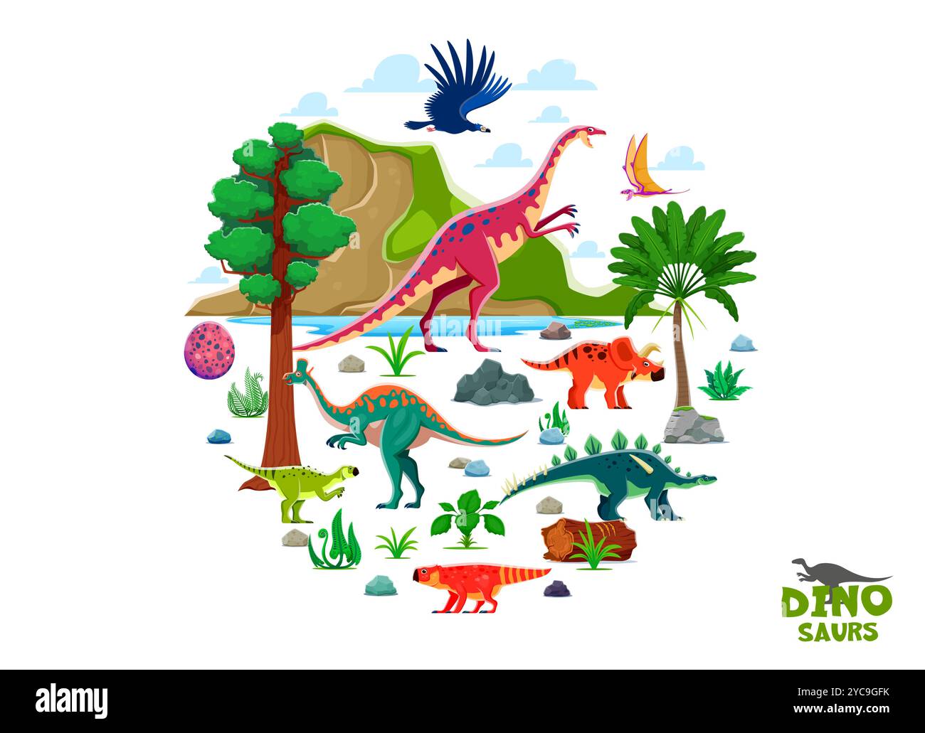 Prehistoric dinosaurs in round shape. Cartoon vector dino characters ...