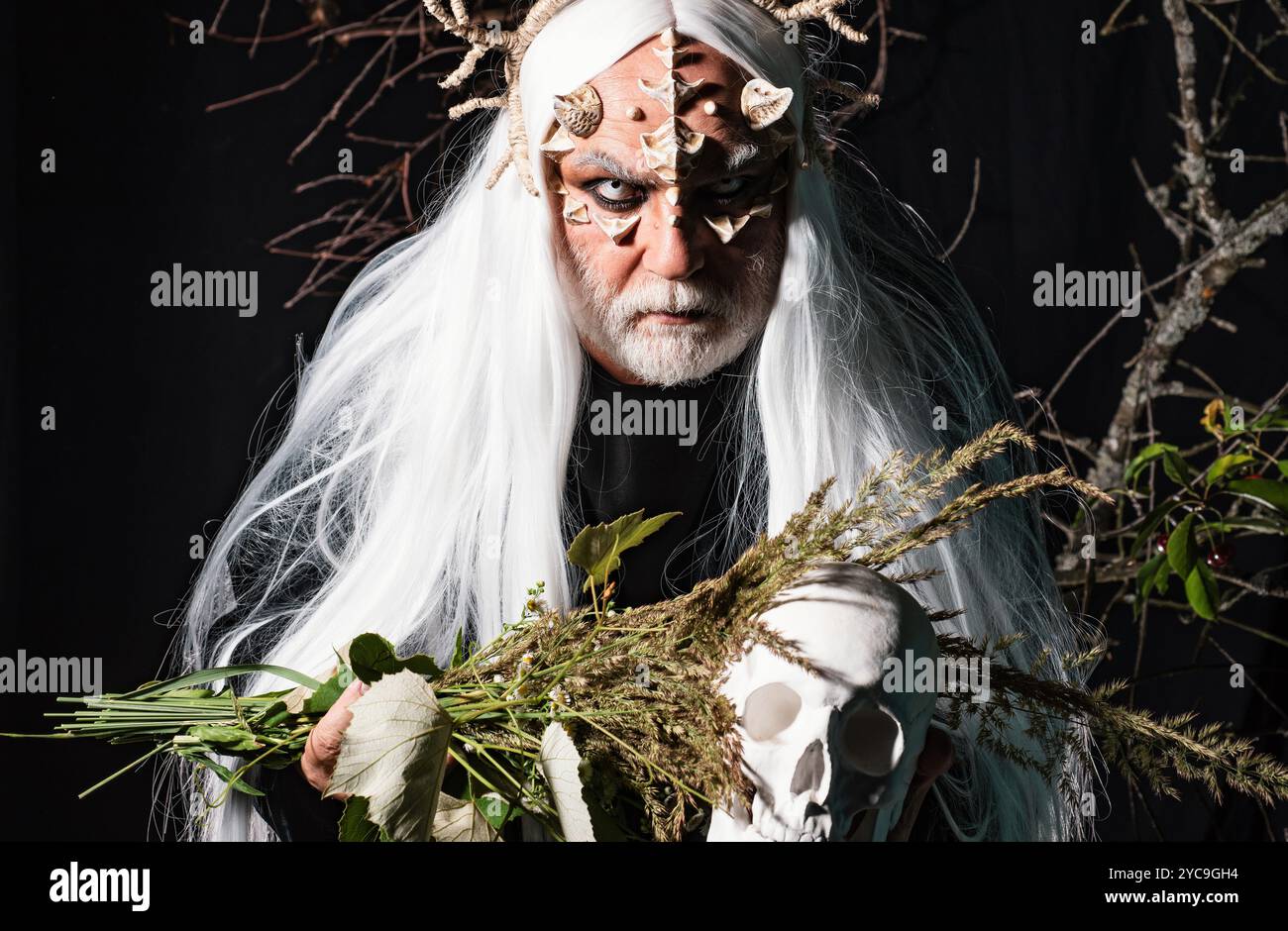 Satan on Hell. Bearded old man dressed like Halloween monster. Man evil ...