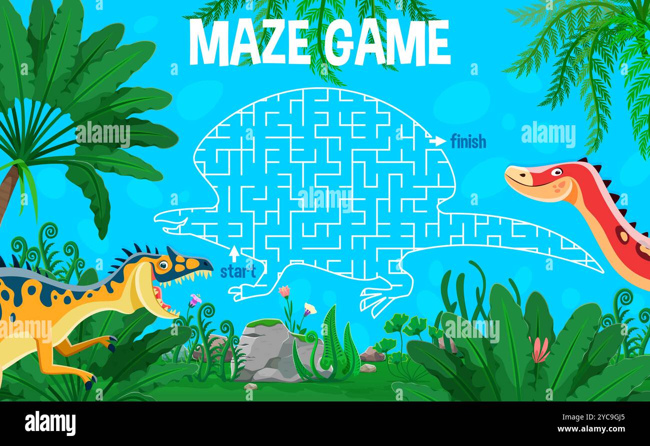 Kids labyrinth maze game with cartoon prehistoric dinosaurs. Neovenator ...
