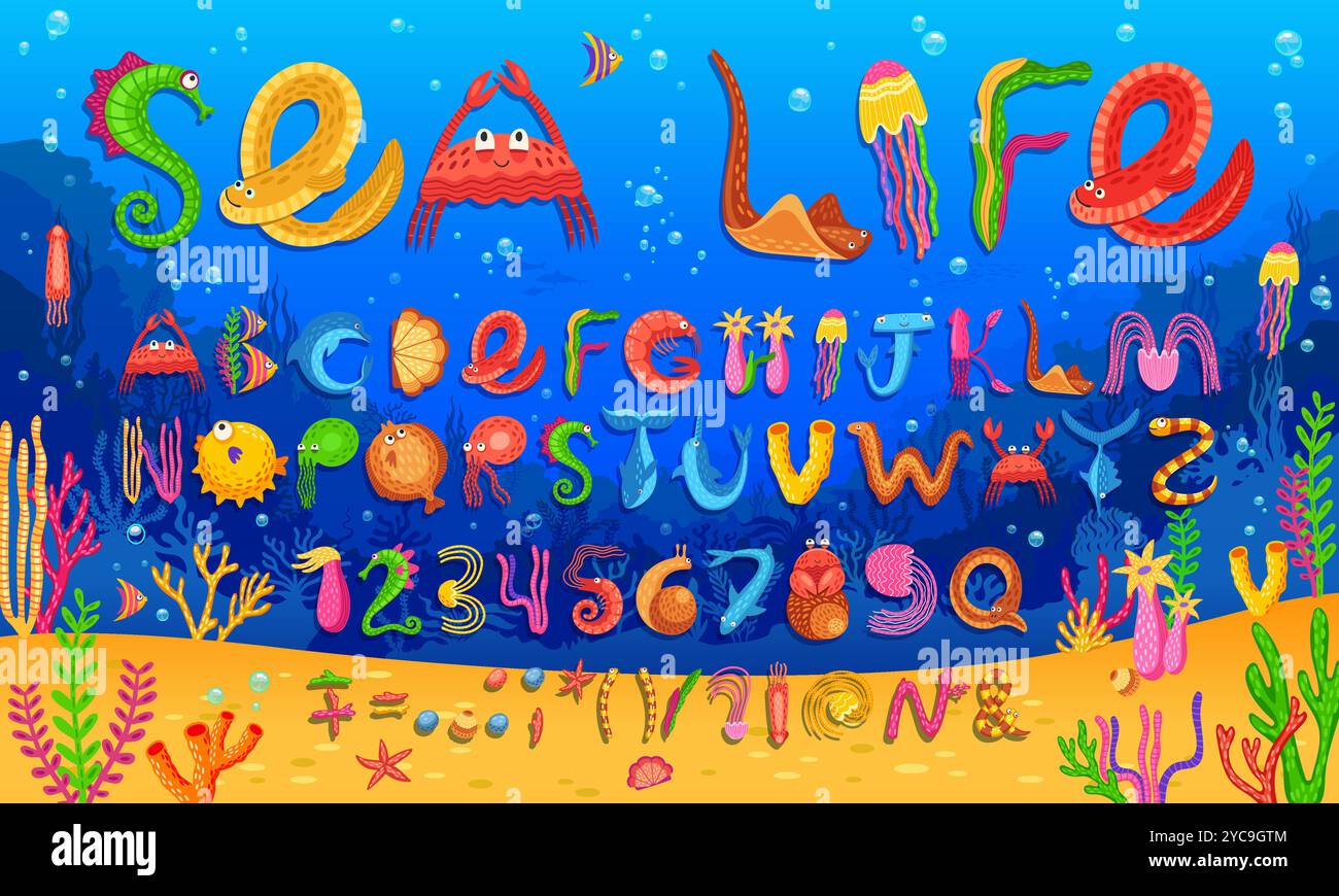Sea animal font, marine underwater type, aquatic typeface. English ... Sea animal font, marine underwater type, aquatic typeface. English ...