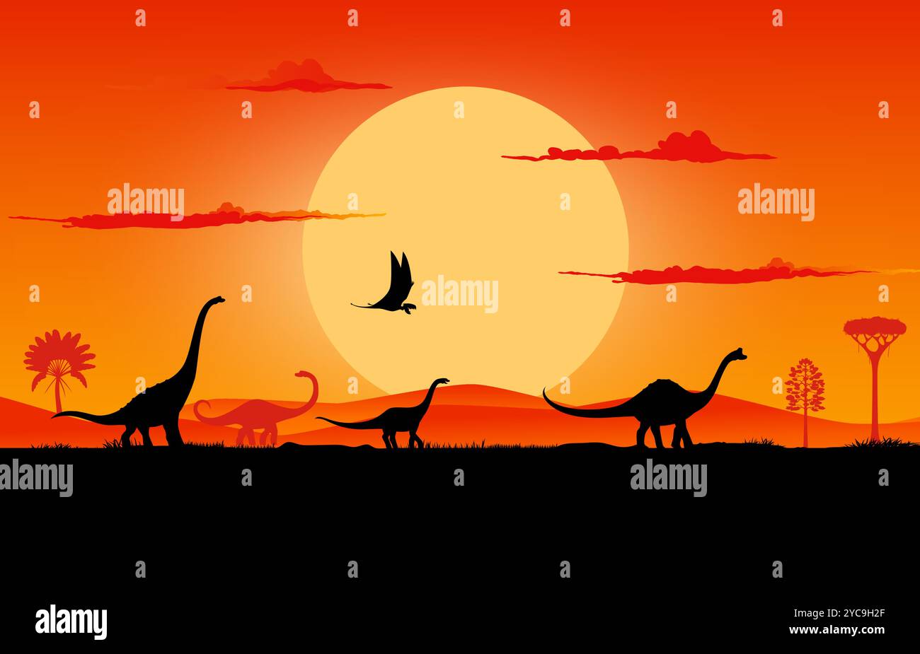 Sunset landscape, prehistoric dinosaur silhouettes on dusk evening ...