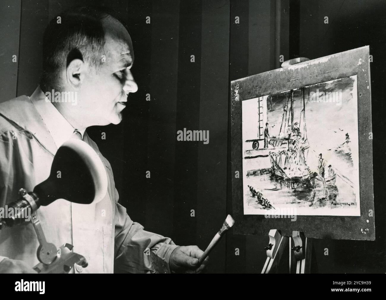 American painter Albert Jacquez applying a new technique, USA 1955 ...