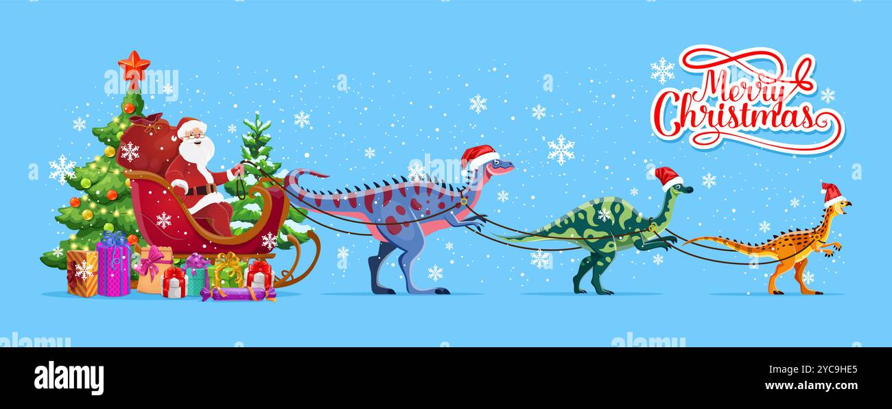 Santa in sleigh with dinosaurs. Cartoon vector Merry Christmas greeting ...
