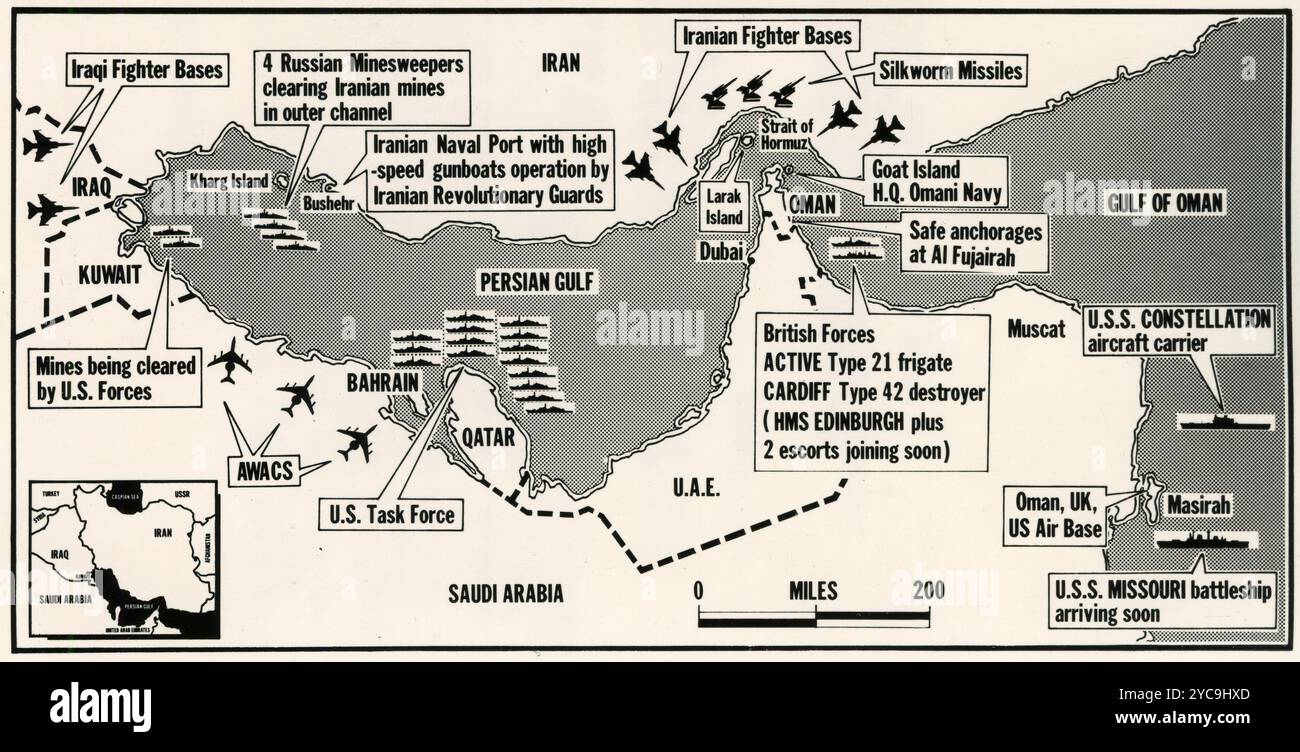 Positions of the naval crafts during the Gulf War, illustration 1987 ...