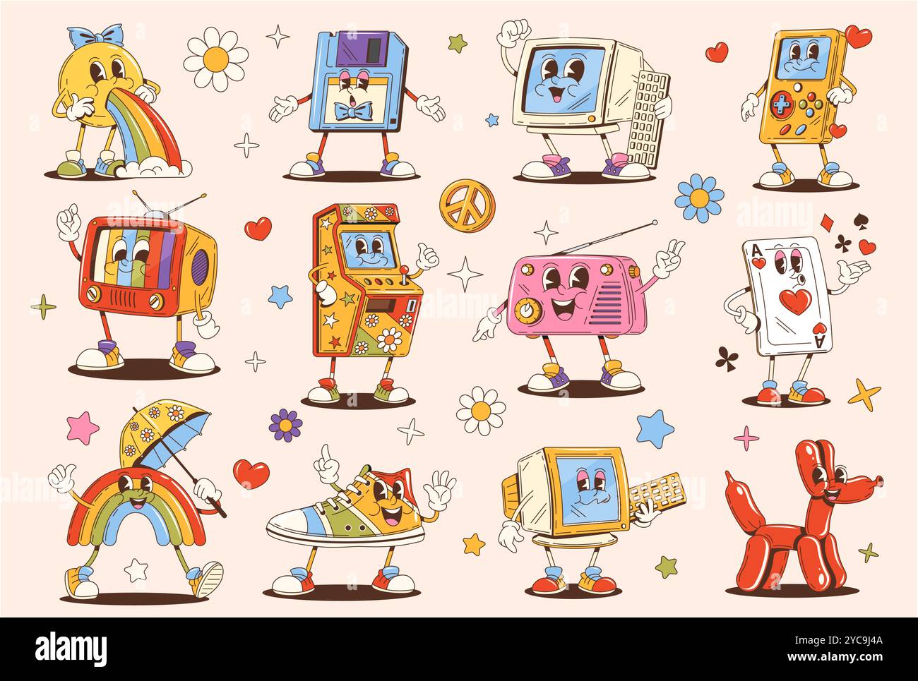 Cartoon retro groovy characters of sun, rainbow, vintage desktop ...