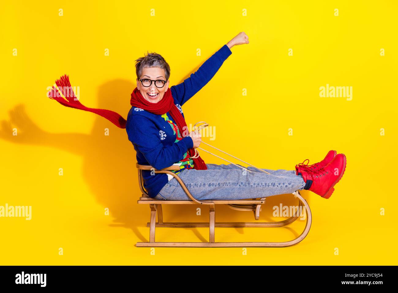 Profile side photo of good mood crazy charming senior lady having fun ...