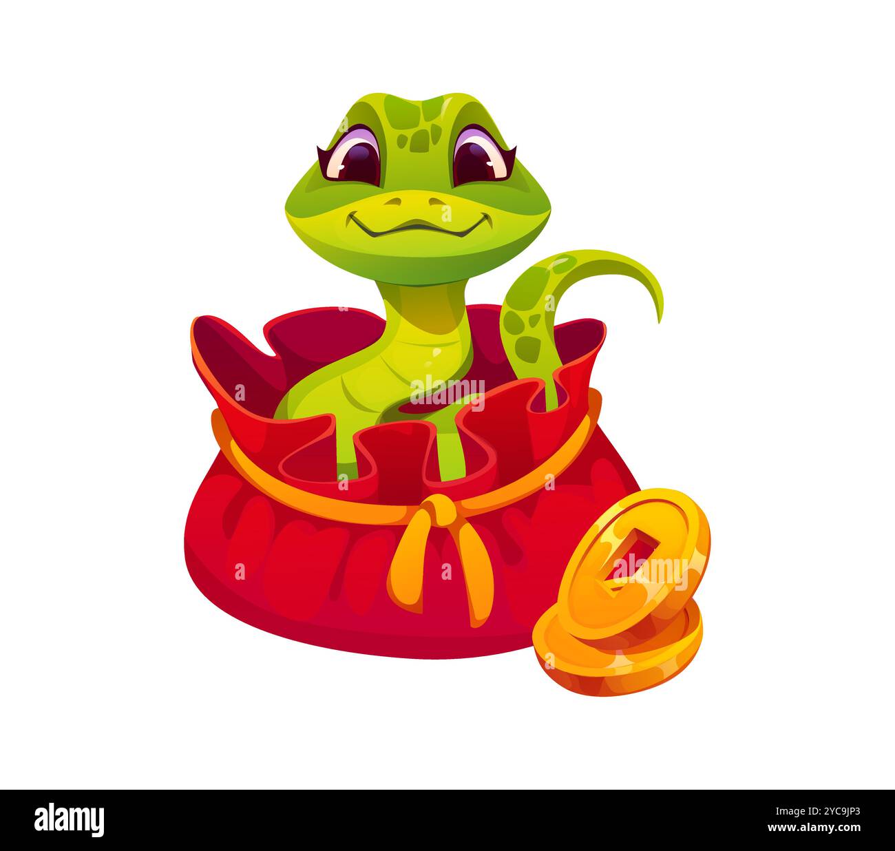 Cute green cartoon snake character sits inside a red bag adorned with a ...