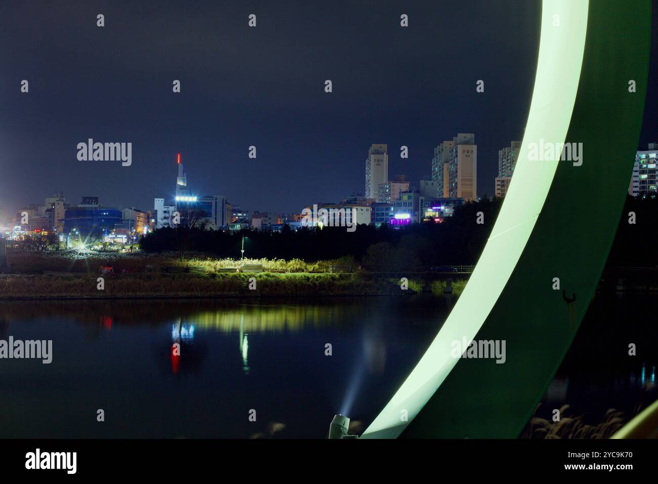 Ulsan, South Korea - December 12th, 2019: A close-up view of the illuminated support of ...
