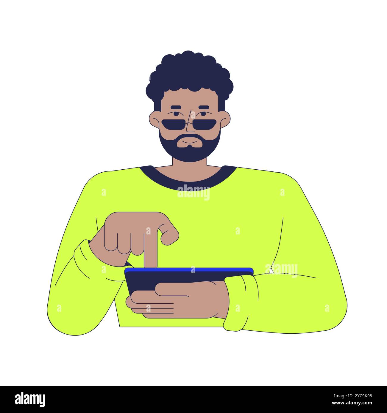 African american bearded man typing tablet touch screen 2D cartoon ...