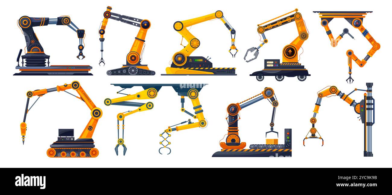 Factory mechanic robot arms, hydraulic machine hands, vector automation ...