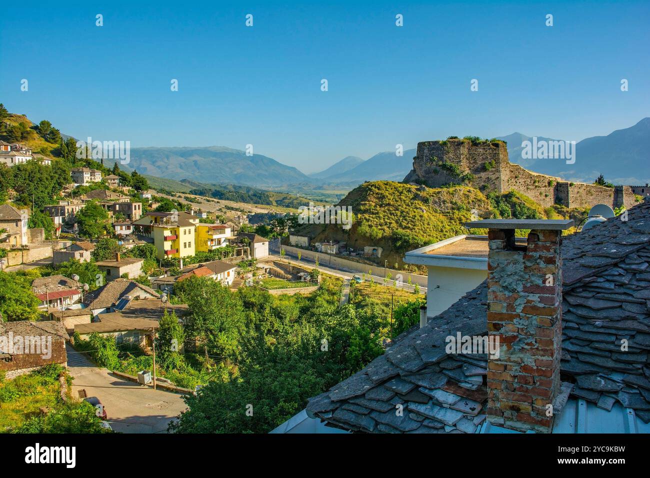A scenic view of Gjirokaster historic old town in Albania, with the ...