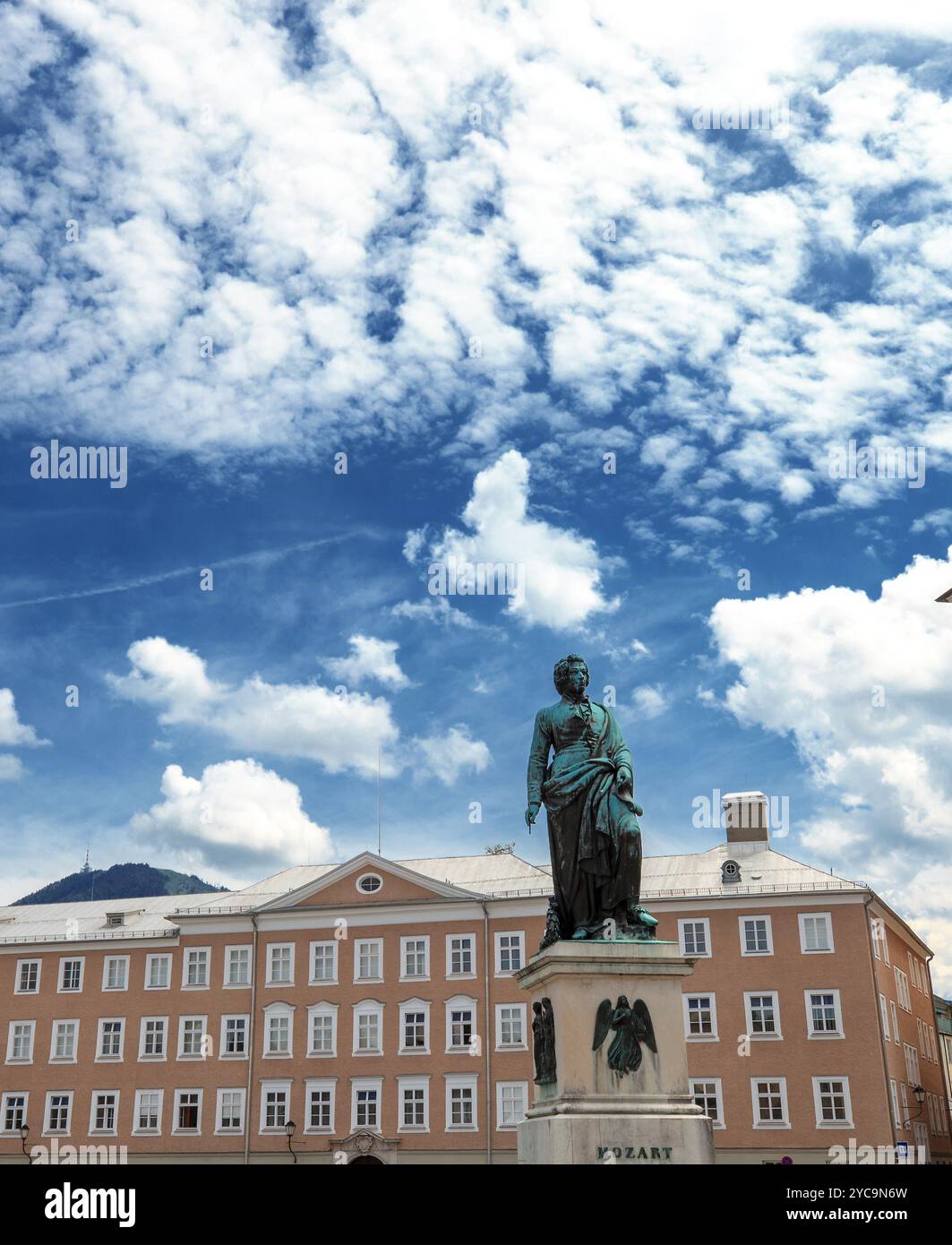 Mozart Monument on Mozartplatz Square by blue sky in Salzburg, Austria ...