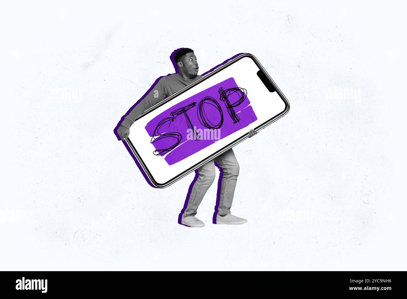 Composite photo collage of astonished man hold huge phone device stop ...