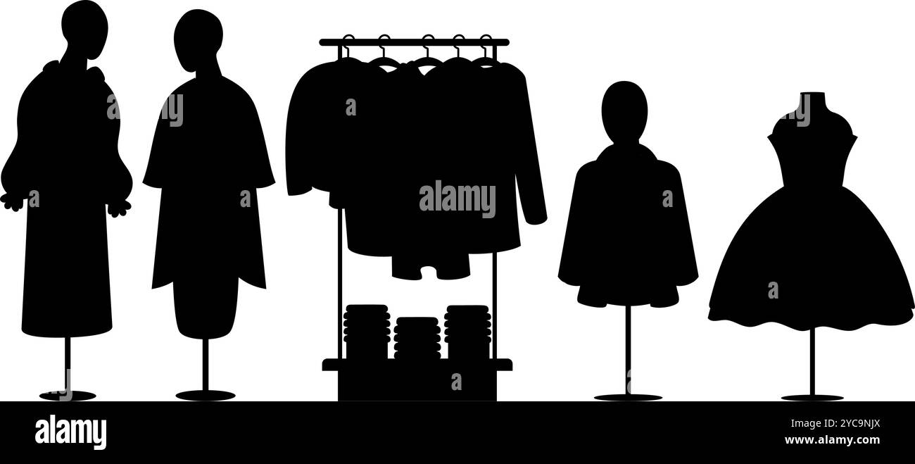 Store Shop rack with clothes on hangers and mannequins in women ...