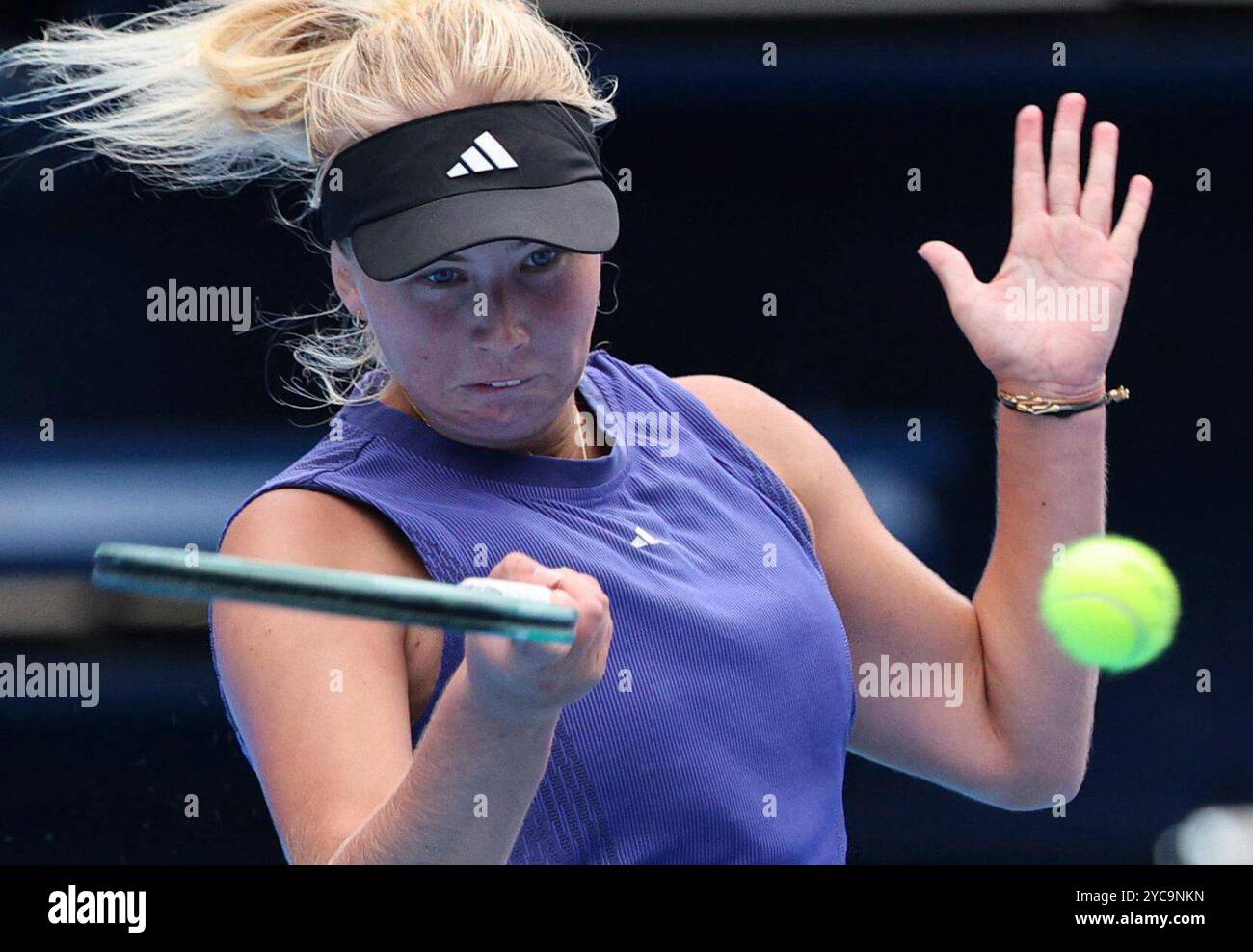 Clara Tauson of Denmark hits a ball during the Round of 32 against Nao ...