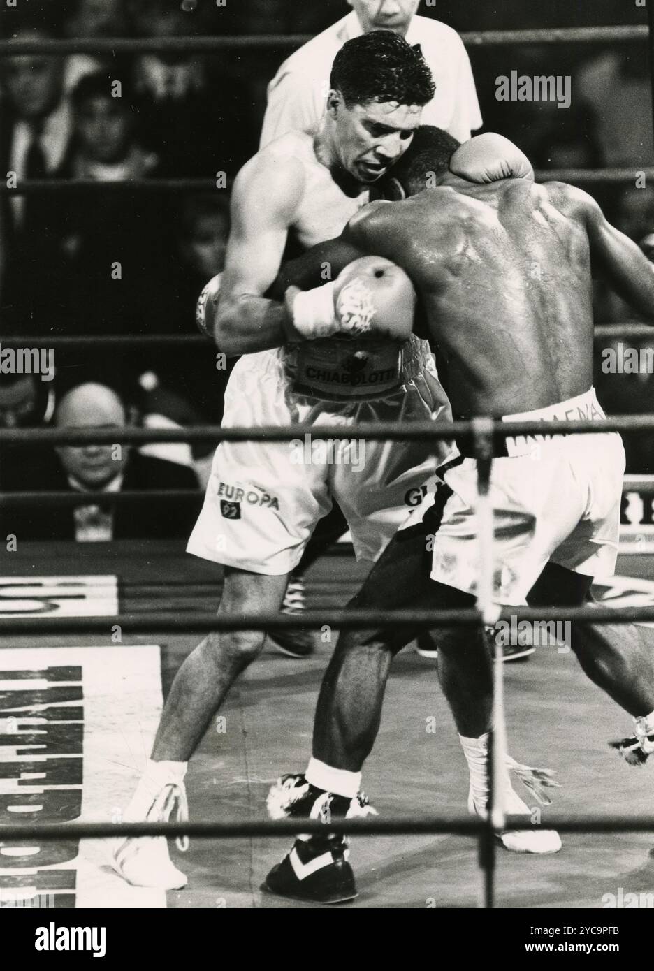 Italian professional boxer Gianfranco Rosi during a match with American Gilberte Baptist, 1991 ...