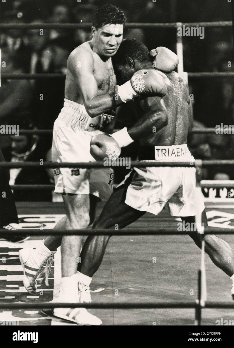 Italian professional boxer Gianfranco Rosi during a match with American Gilberte Baptist, 1991 ...