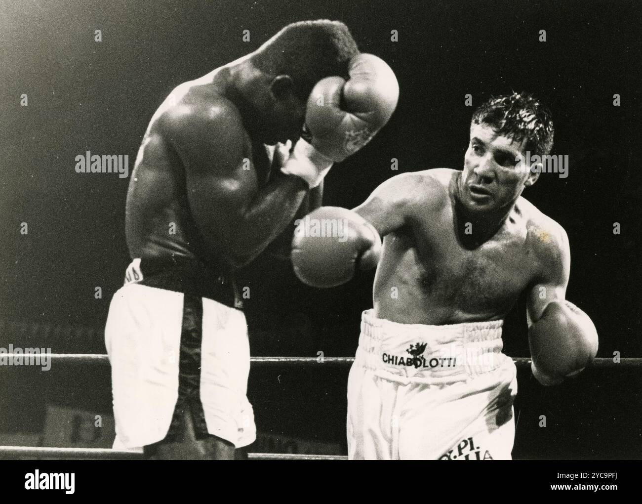 Italian professional boxer Gianfranco Rosi during a match with American Gilberte Baptist, 1991 ...