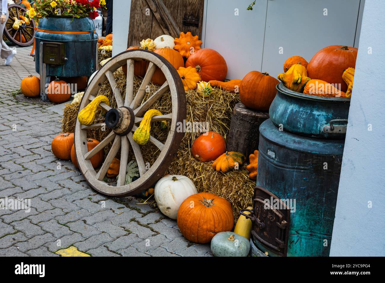 A wheelbarrow full of pumpkins and squash is sitting on the sidewalk ...