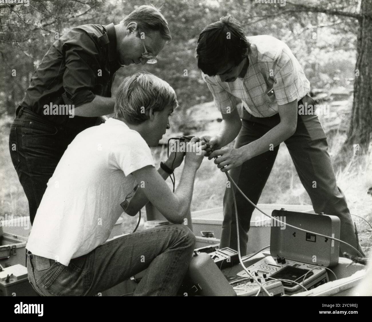 Technicians installing electronic seismic monitors, Kazakhstan 1986 ...