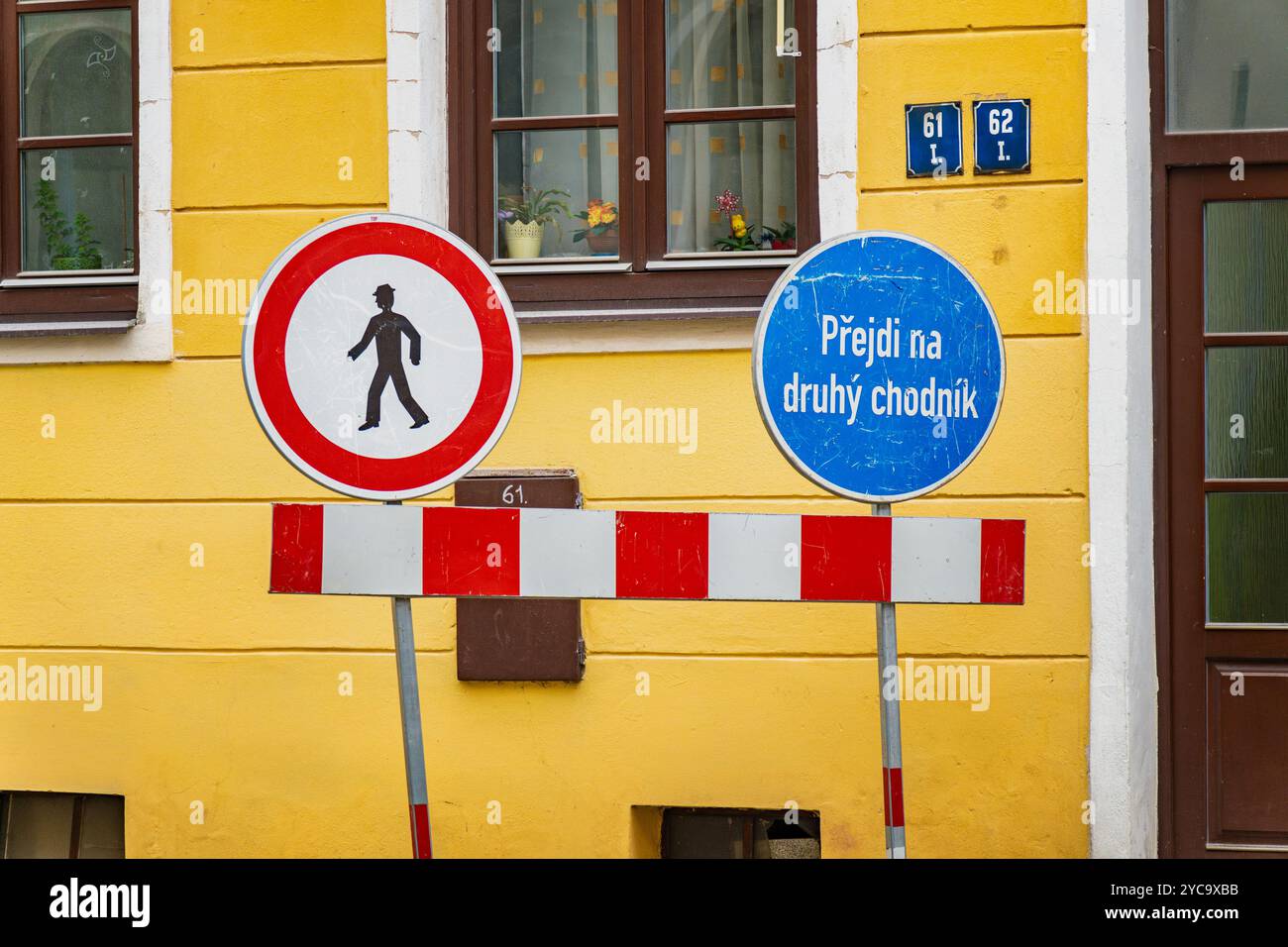 Czechia road signs with pedestrian warning and direction to cross on ...