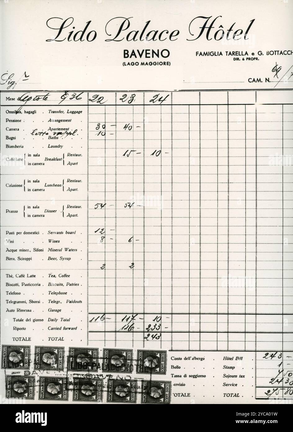 The invoice of an hotel from the 1930s, Italy Stock Photo - Alamy