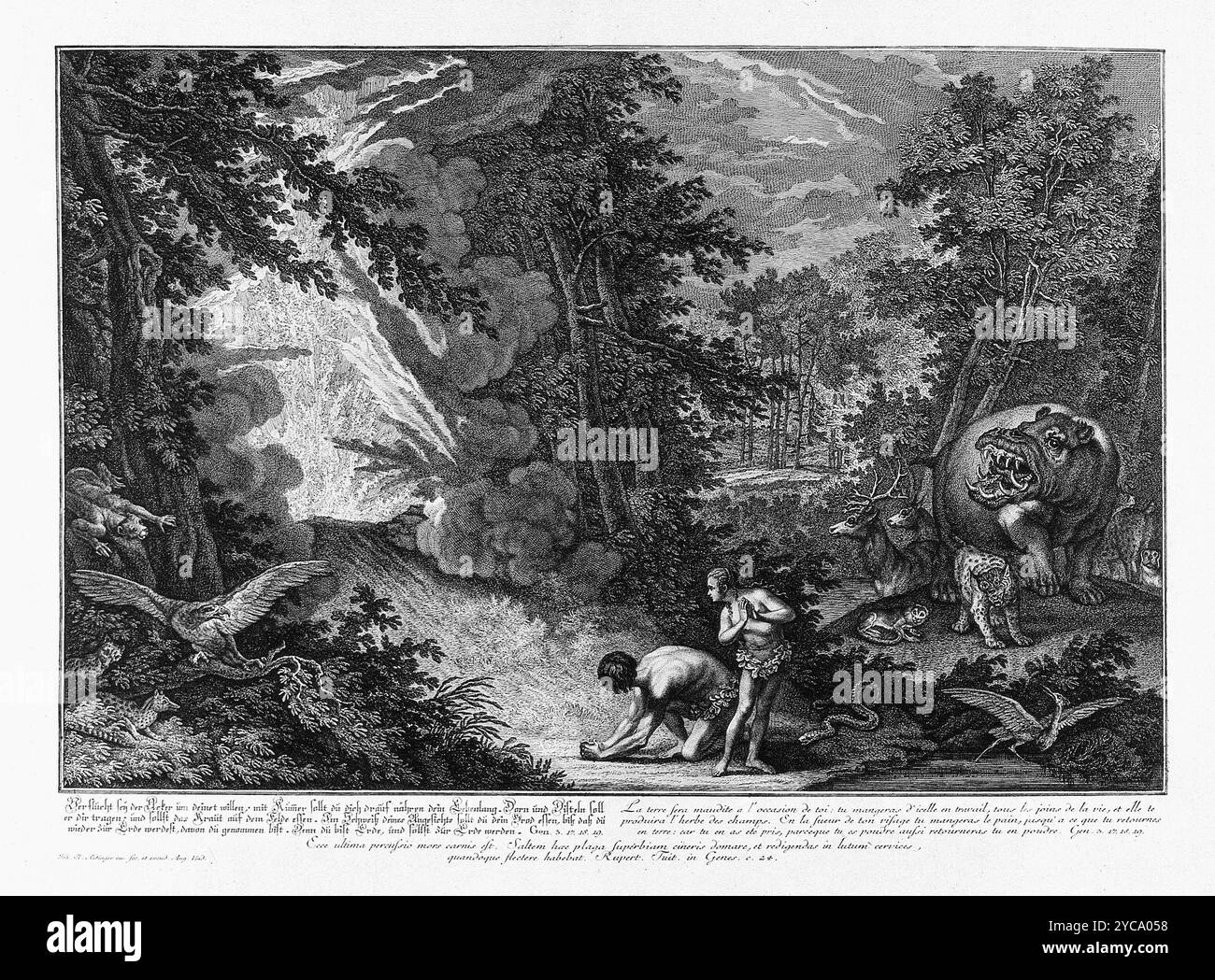 Adam and Eve are condemned to a life of work outside Eden; etching ...