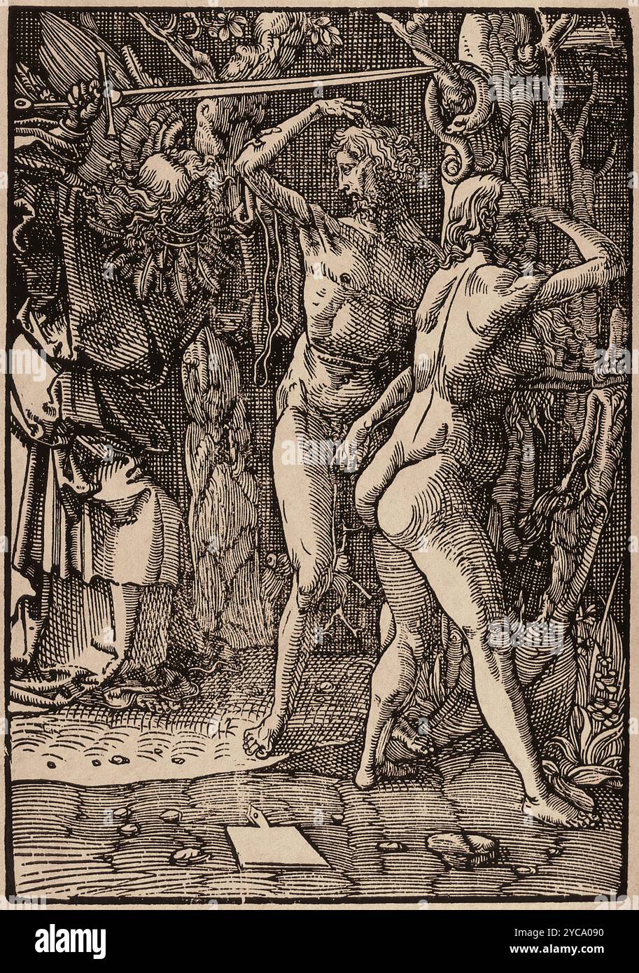 Adam and Eve are expelled from Eden by a sword-bearing angel - unknown artist and date Stock ...