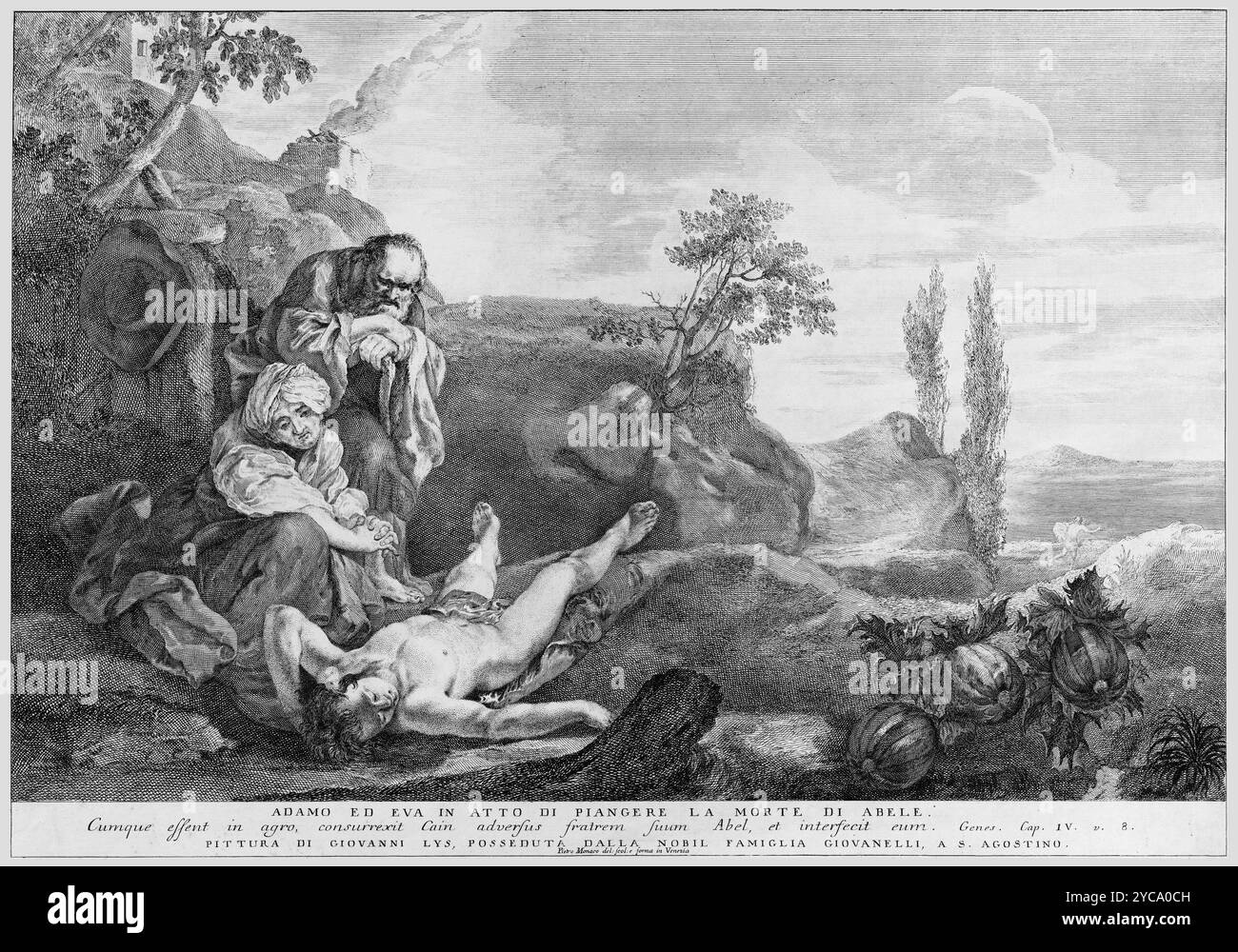 Adam and Eve at left, as an elderly couple, mourning over the corpse of ...
