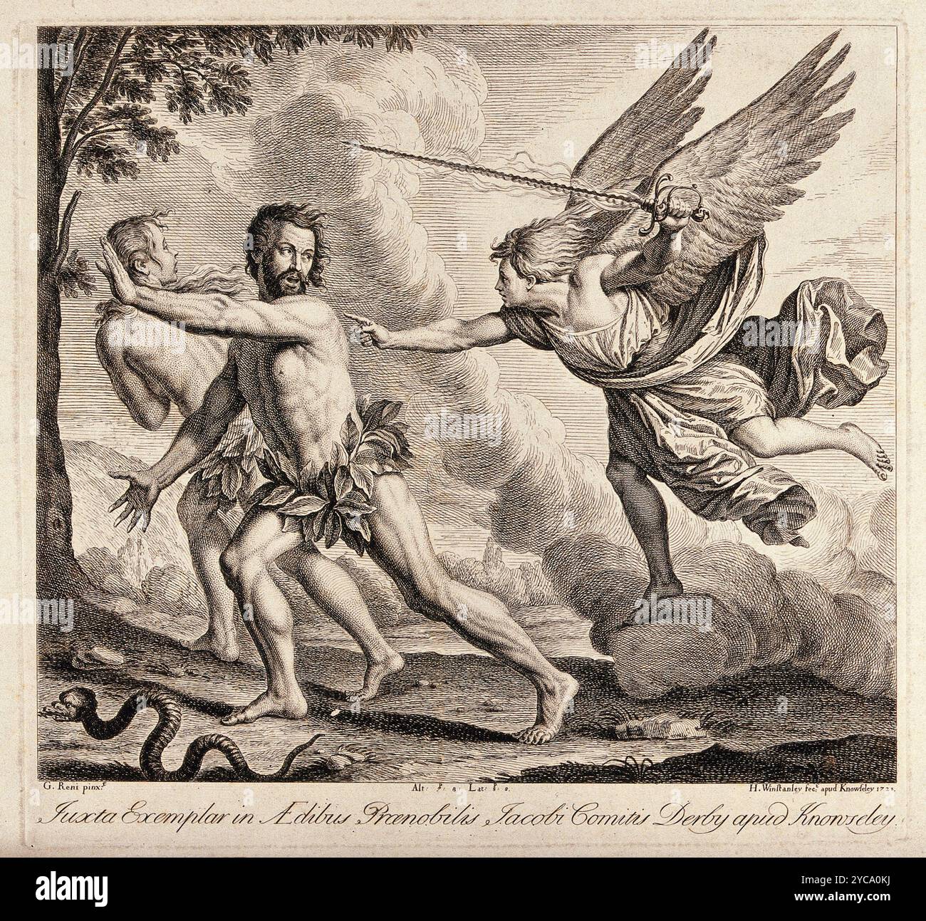 Adam and Eve expelled from Eden by an angel. Etching by H. Winstanley ...