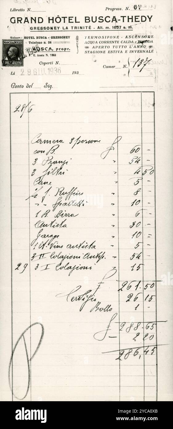 The invoice of a hotel restaurant, Italy 1936 Stock Photo - Alamy