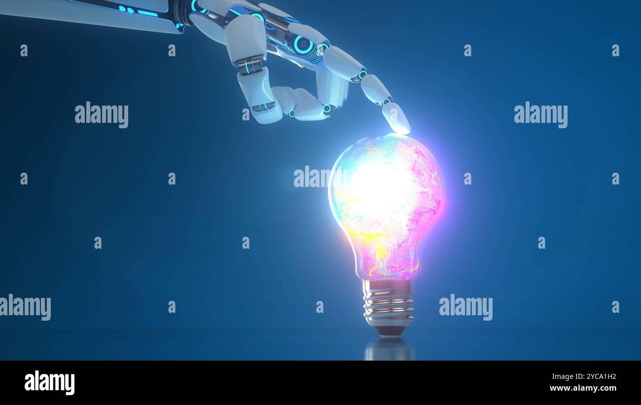 3D illustration, Humanoid Robot Hand Lightbulb Humanoid robot hand with ...