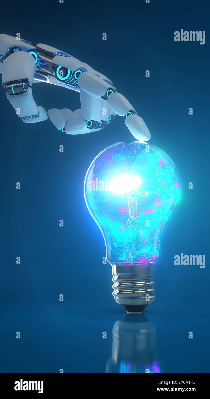 3D illustration, Humanoid Robot Hand Lightbulb Humanoid robot hand with ...