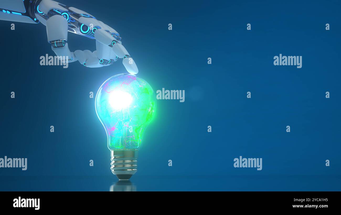 3D illustration, Humanoid Robot Hand Lightbulb Humanoid robot hand with ...
