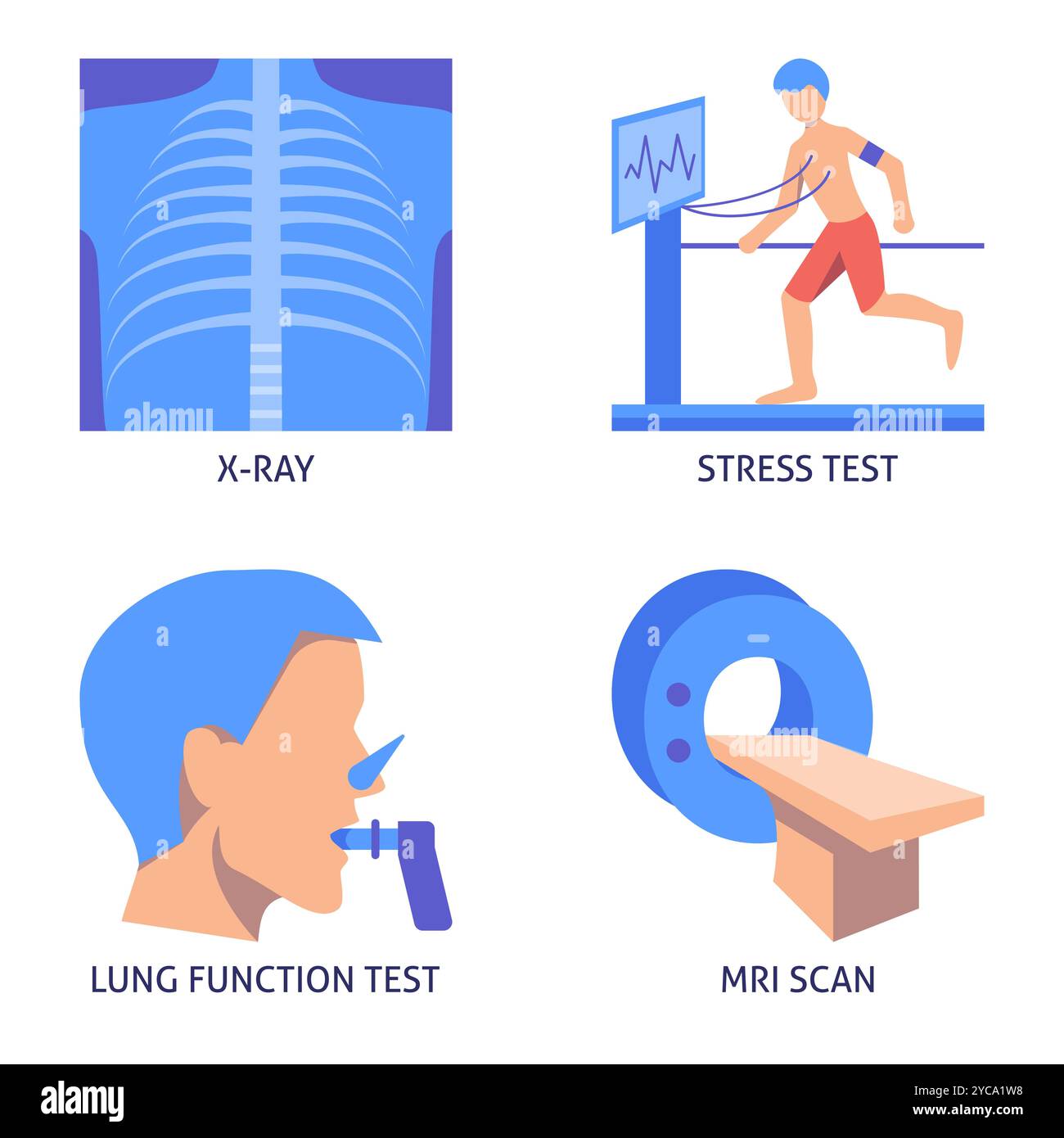 Health check-up flat icon set. X-ray image, exercise stress test, lung ...