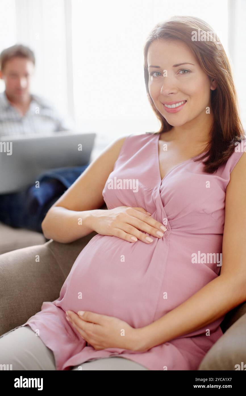 Pregnant woman, portrait and rest in relax, happiness or comfort for ...