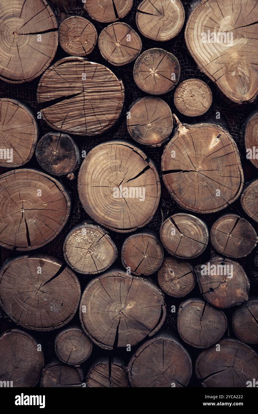 Close-up of stacked wooden logs with visible rings and cracks. Retro ...
