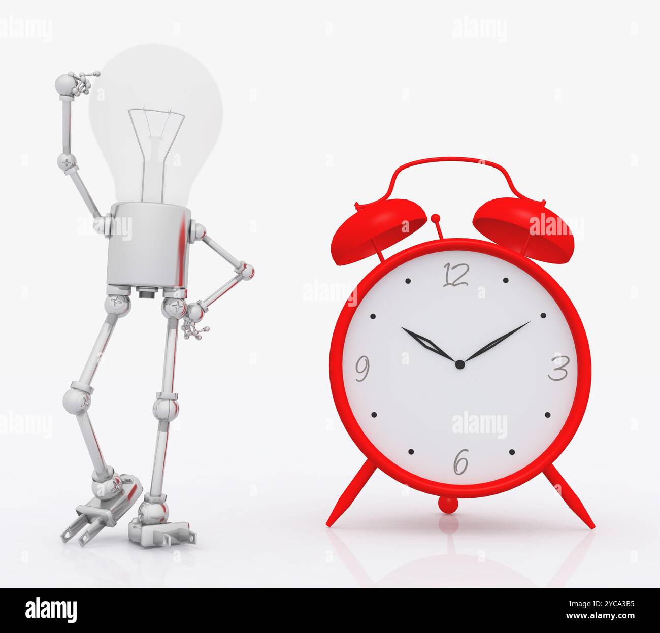 Light bulb figure and red alarm clock Stock Photo - Alamy