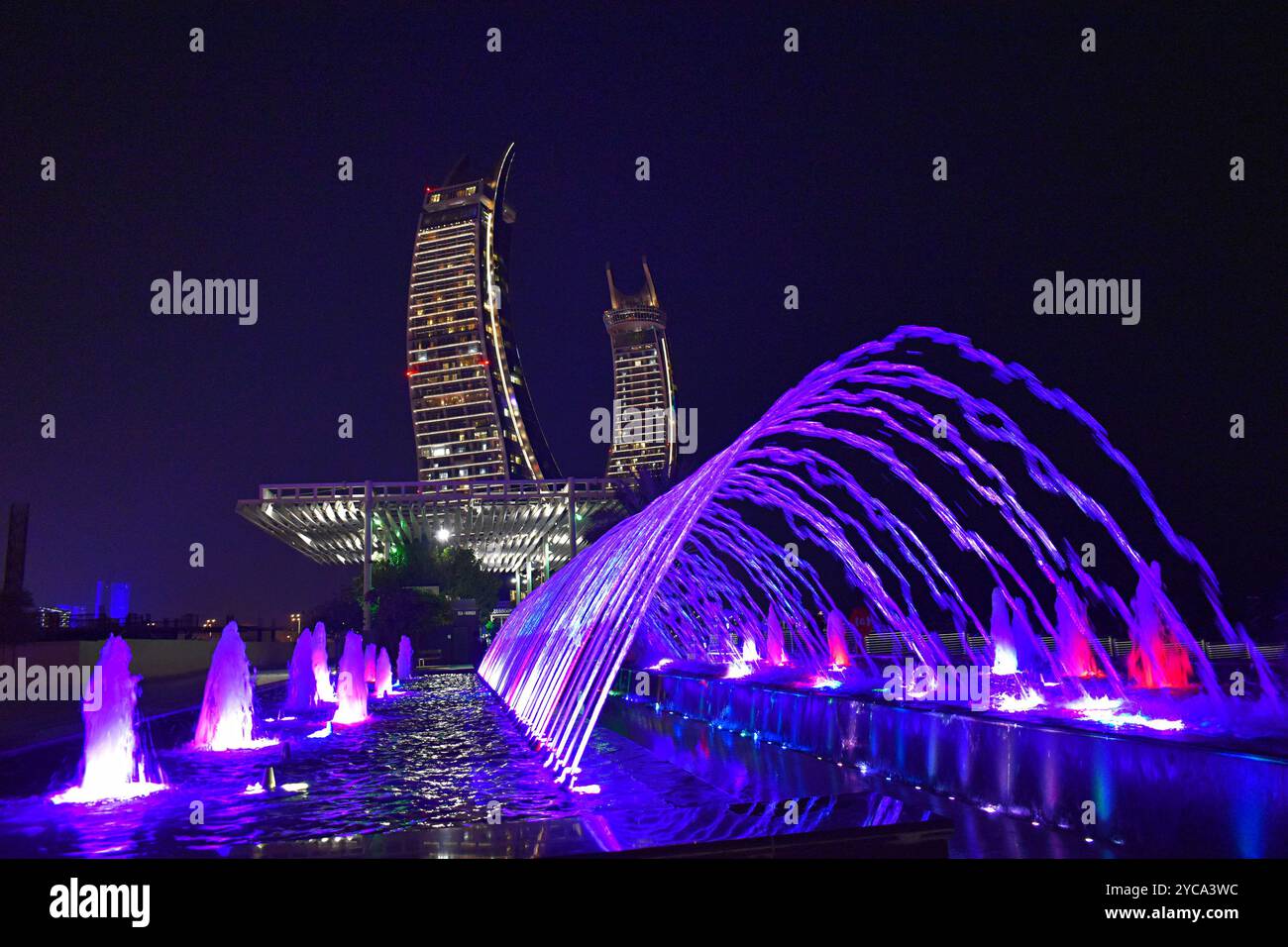 Night view with Fountain Light Show at Lusail Katara Twin Towers, one ...