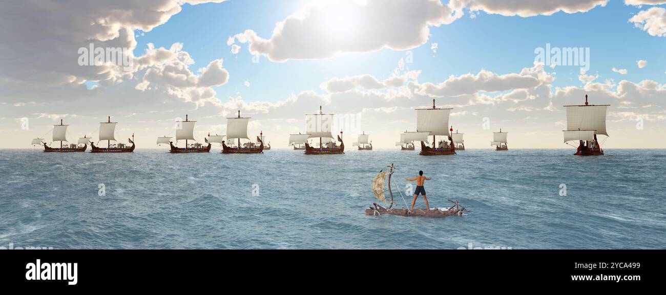 Man on a raft and fleet of ancient Roman warships Stock Photo - Alamy
