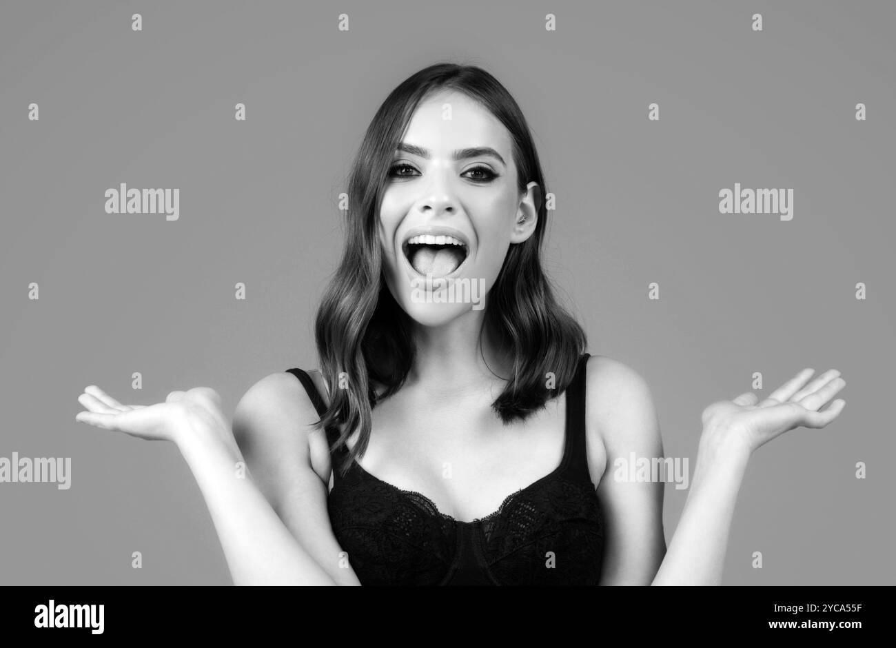 Shocked surprised young woman. Funny female shocked face expression ...