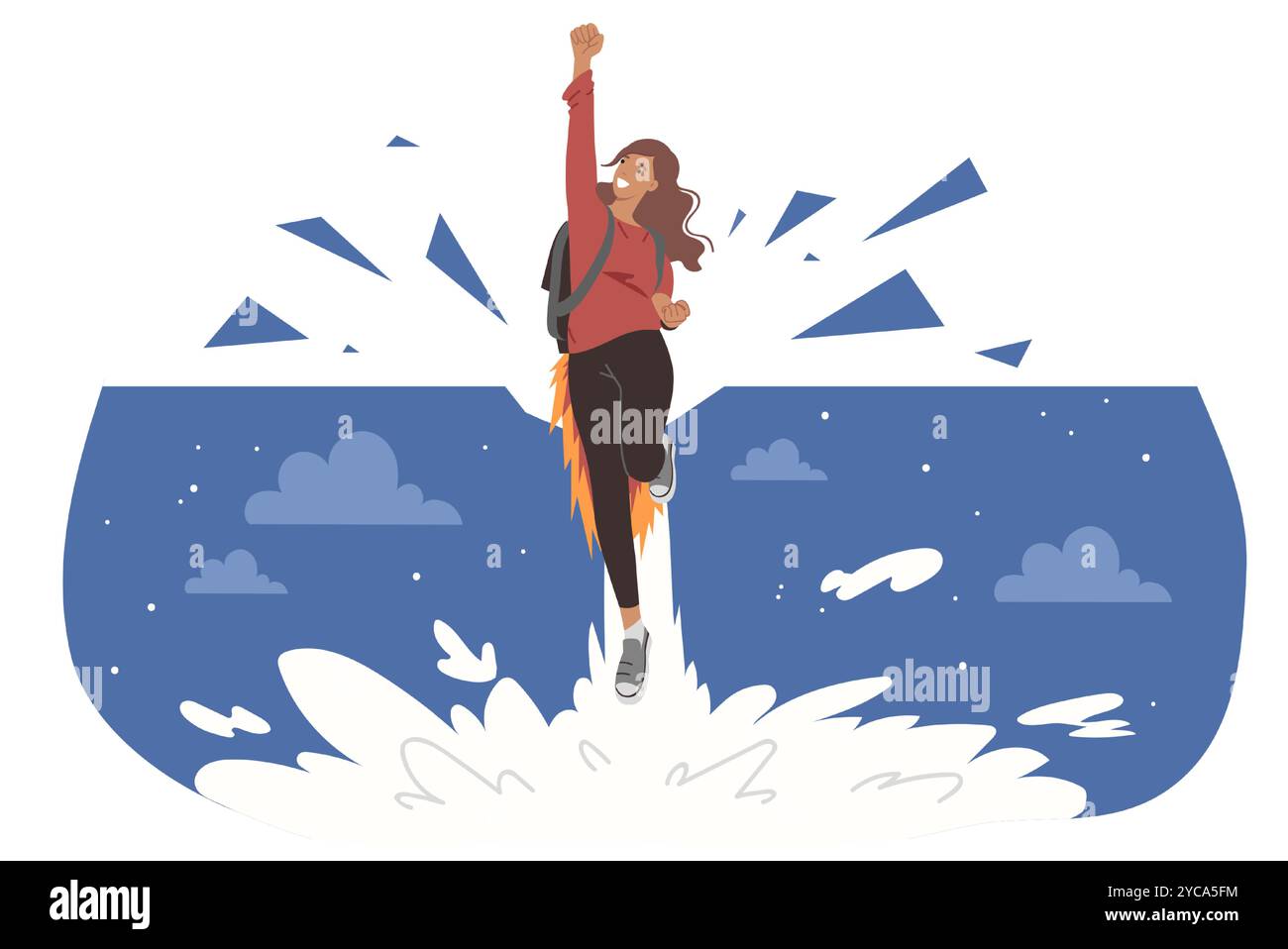 Ambitious woman with leadership potential flies up through night sky ...