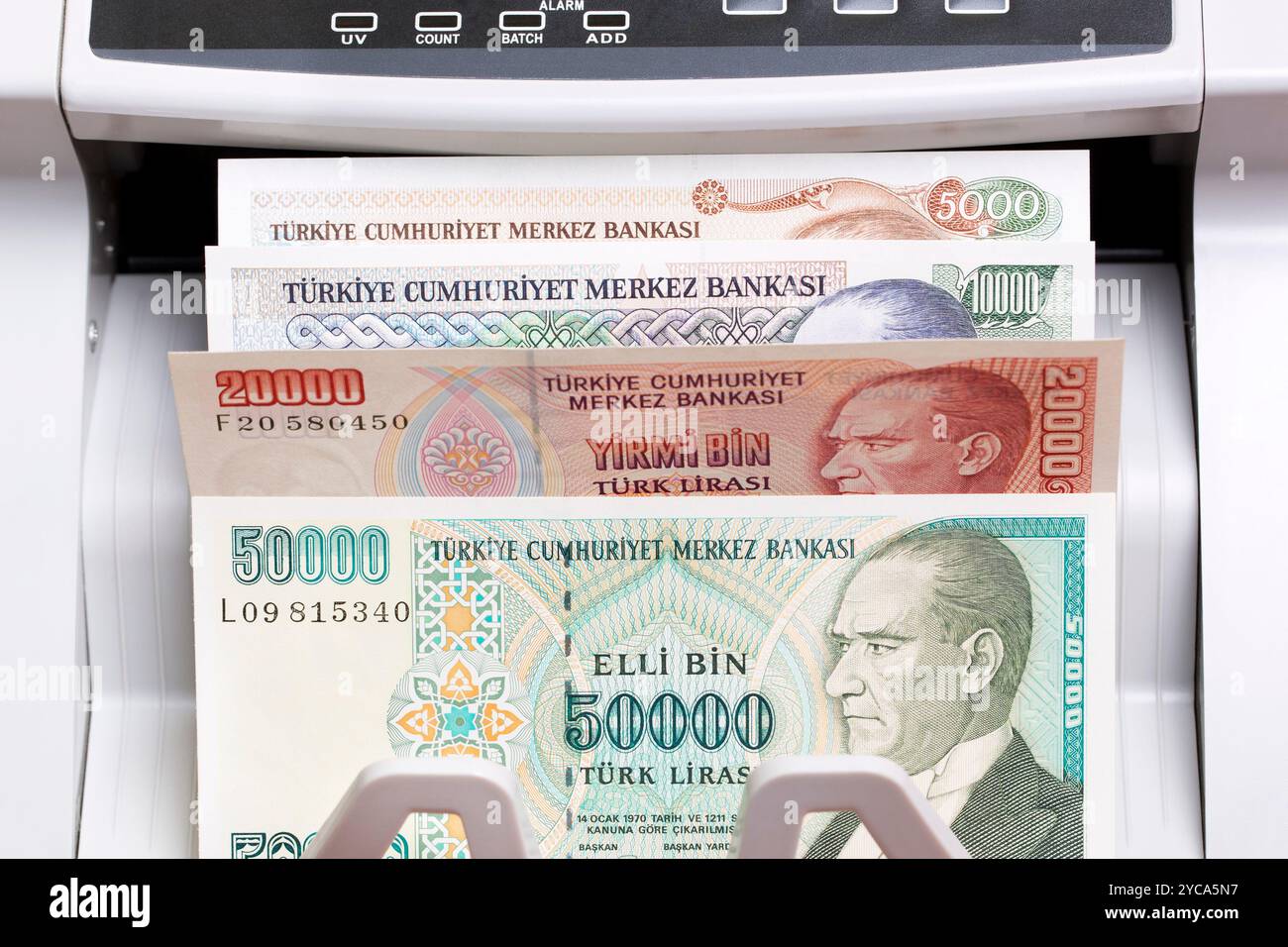 Old Turkish money - Lira in the counting machine Stock Photo - Alamy