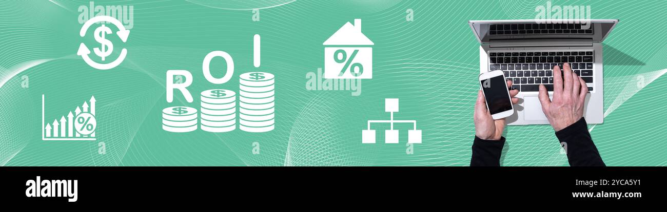 Top view of hands using laptop and mobile phone with symbol of roi ...
