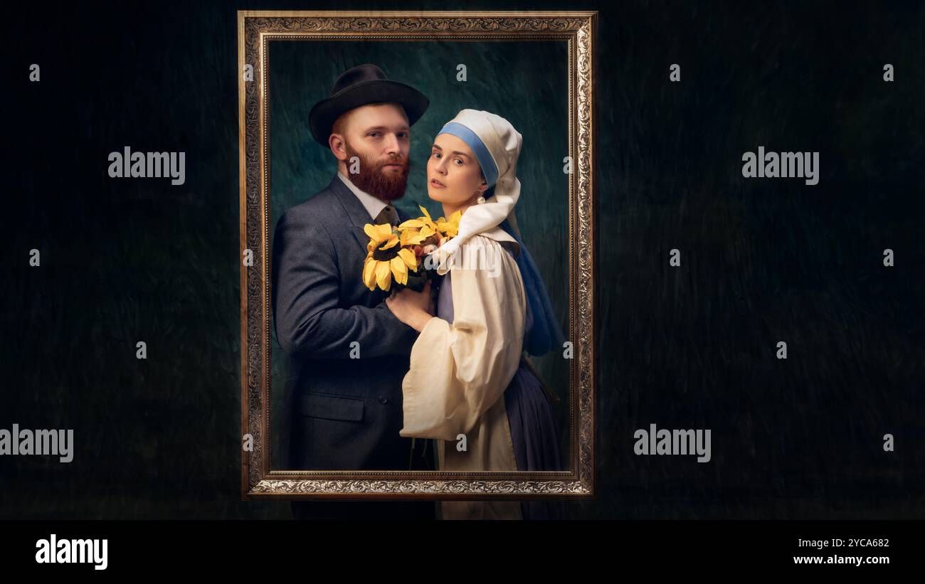 Van Gogh and Girl with white pearl pose within golden picture frame ...