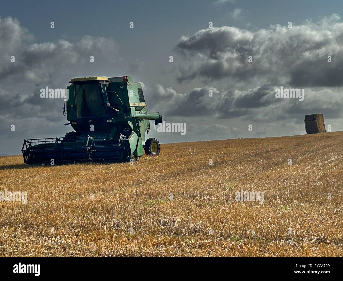 Combine Harvester in field of stubble after harvest with treatening ...