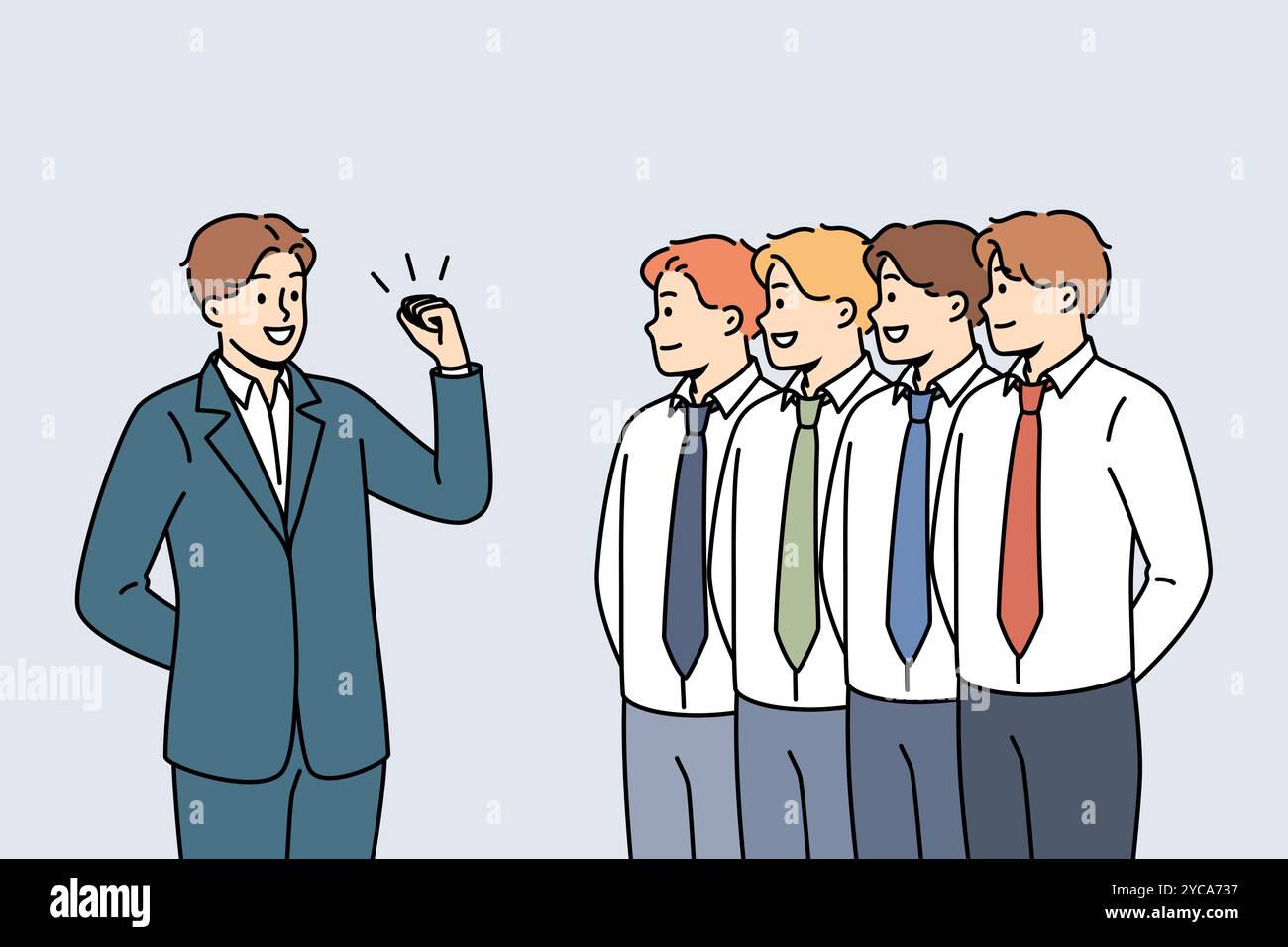 Business man leader gives motivational speech to team of office clerks ...