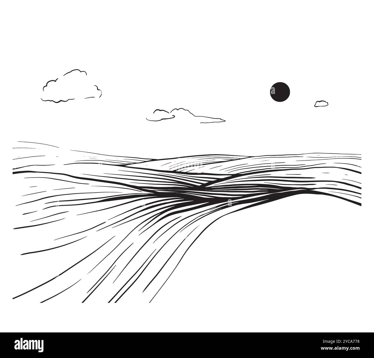 Minimalist hand drawn horizon with sun over distance. Vector ...