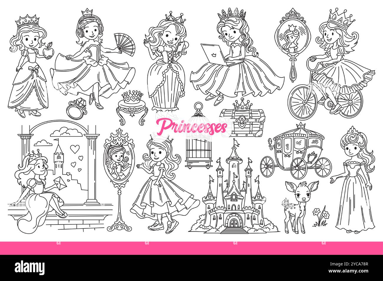 Little princesses in crown and beautiful dress, near fairytale castles ...